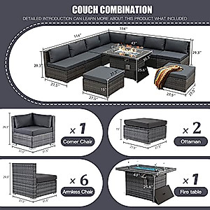 NICESOUL® Large Size PE Rattan 10 Seats Patio Furniture Sectional Sofa Sets with Fire Pit Table Gray Outdoor Wicker Conversation Sets Modern Luxury