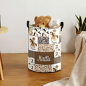 Cool Cowboy Western Personalized Laundry Basket,Custom Name Collapsible Waterproof Laundry Hamper Storage Bins with Handle for Clothes,Toys Nursery
