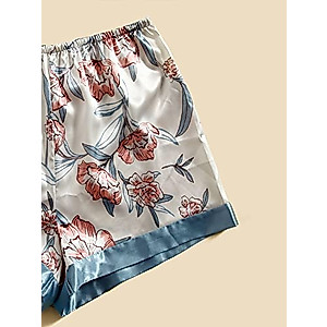 MakeMeChic Women's 5 Piece Sleepwear Floral Satin Cami Pajama Set Silk Nightgown with Robe Blue L