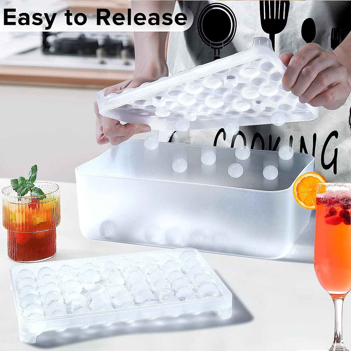 longzon Mini Round Ice Cube Tray with Lid and Bin, 2 pack Silicone Ice Cube Trays for Freezer,Circle Ice Mold,Ice Trays for Freezer Making 100pcs 20mm Sphere Ice Balls Chilling Cocktail Whiskey Coffee