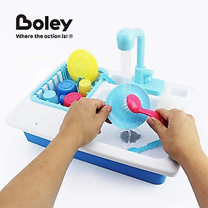 Boley Kids Play Kitchen Sink with Running Water - 20 Piece Dishwashing Toy with Sink, Real Faucet, Dish Rack, Plastic Dishes, Sponge and Brush, and Pretend Dish Soap