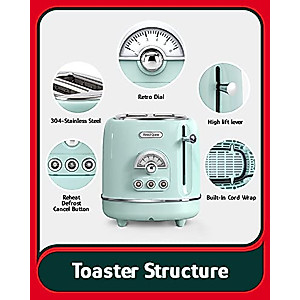 Hazel Quinn 2 Slice Retro Toaster, 6 Browning Levels, 3 Functions-Defrost/Reheat/Cancel, Removable Crumb Tray for Easy to Clean, 1.5 Inches Extra Wide Slots, Vintage Style, Mint Green