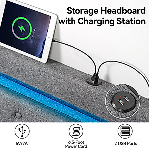 HAUSOURCE Headboards for Queen Size Bed with LED Light & USB Post Upholstered Queen Headboard with Adjustable Height Linen Fabric Padded Headboard for Queen Size Bed Mordern Head Board for Bedroom