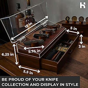 Showcase Your Knives with The Knife Deck Pro – Premium Pocket Knife Display Case for 6 Knives – Easy Access & Leather Lining – Drawer for Accessories – Wooden Pocket Knife Holder – Lifetime Assurance