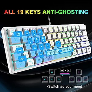 60% Gaming Keyboard and Mouse,Rainbow LED Backlit Gaming Keyboard with Wired Mini Portable Ergonomic 2400 DPI Ultralight Gaming Honeycomb Shell Mouse,Mouse Pad for Windows PC Gamers(White)