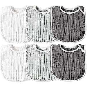 Zainpe 6Pcs Snap Muslin Cotton Baby Bibs White Grey Infants Drooling Bib Soft & Absorbent Adjustable Unisex Burp Cloths Feeding Bibs for Toddlers Girls Boys Newborns Eating Teething 0-24 Months