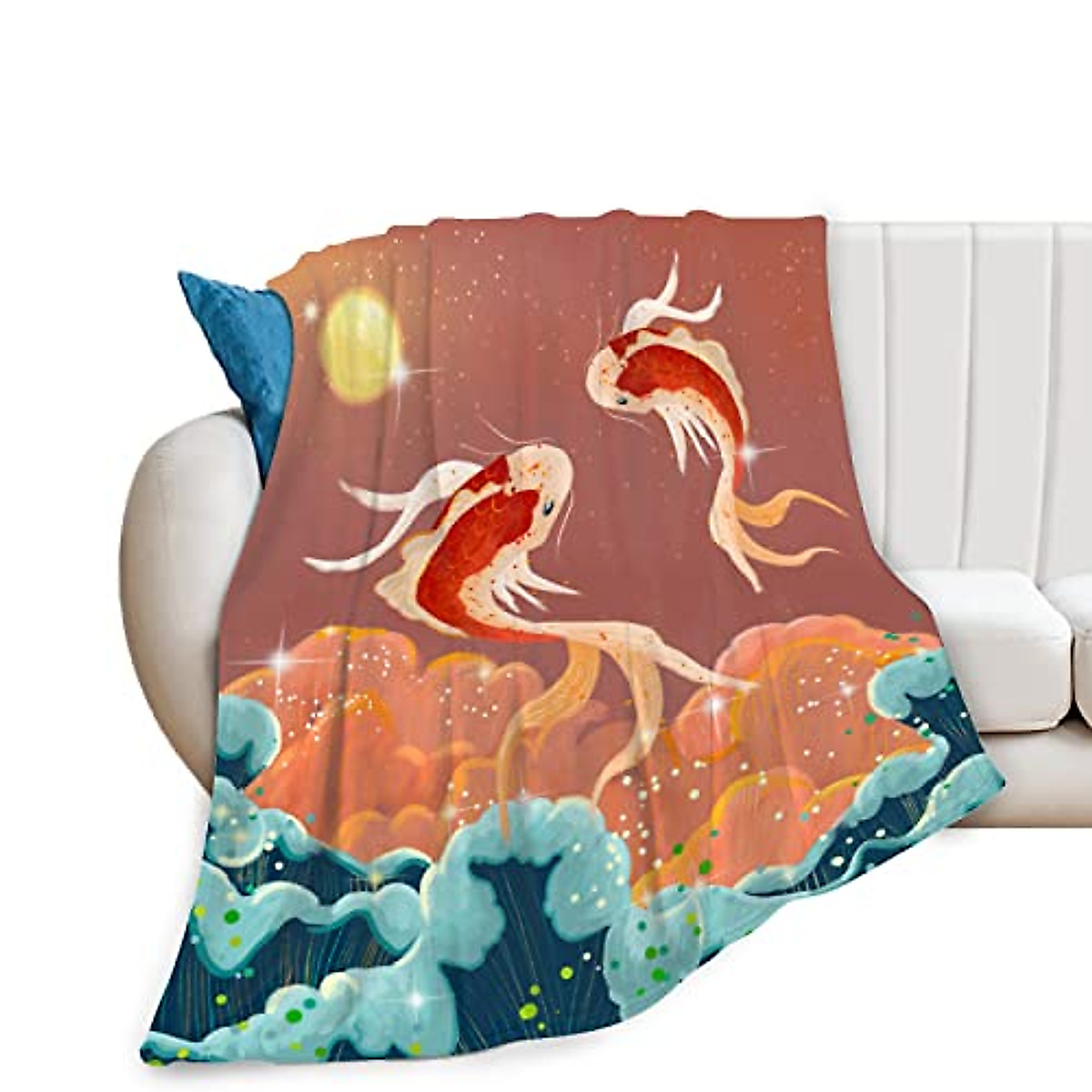 Japanese Wave Koi Fish Throw Blanket Animal Sun Flannel Blanket Utra Soft Breathable Lightweight Blanket for Couch Bed Sofa Office Room