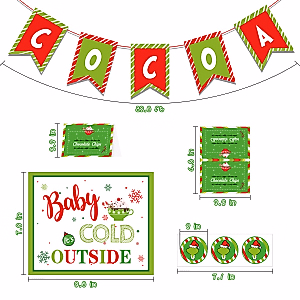 Winter Hot Chocolate Bar Kit Hot Cocoa Bar Banner Christmas Red Green Hot Chocolate Bar Signs Baby It's Cold Outside Toppings Labels Cup Tags Stickers for Wintertime Holiday Baby Shower Birthday