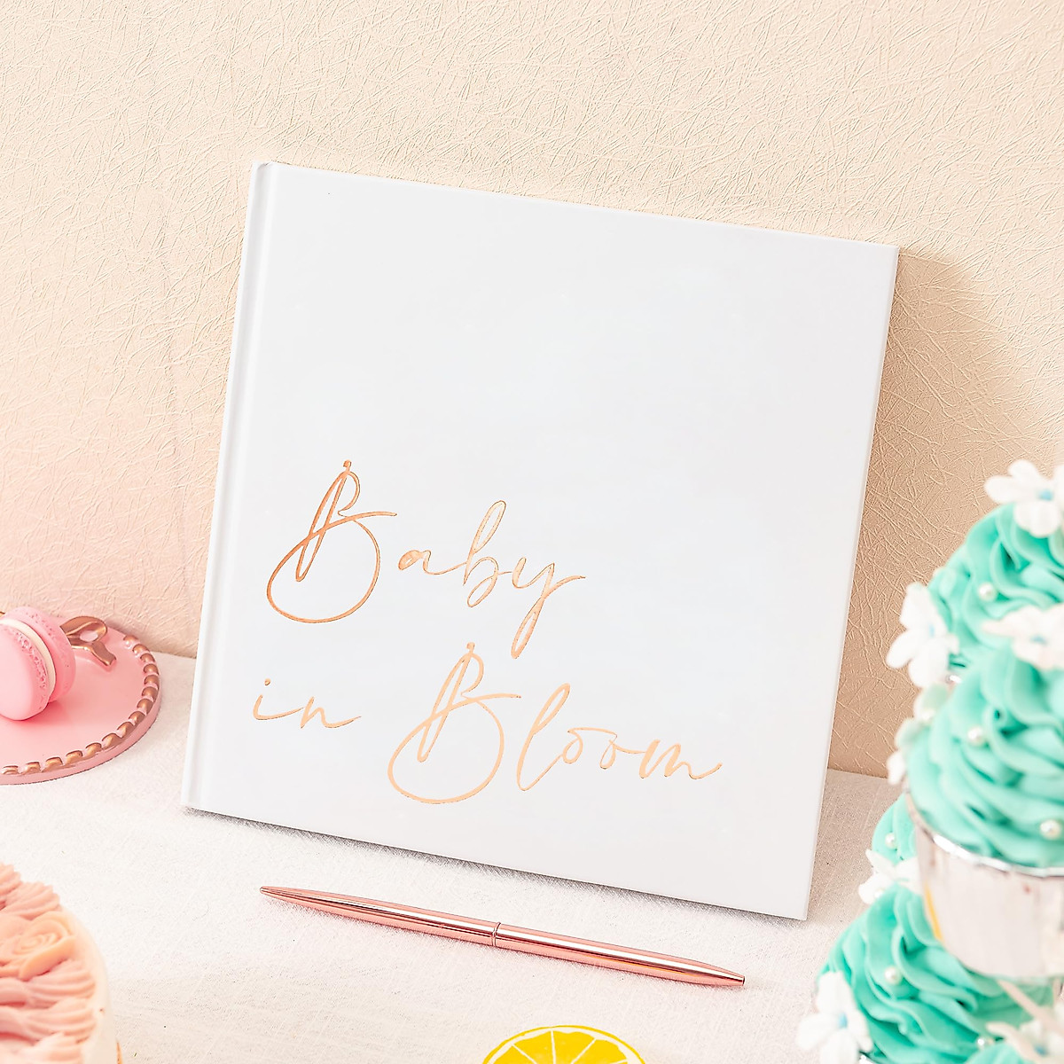 Calculs Baby in Bloom Picture Book Polaroid Baby Shower Guest Book Babies Scrapbook, White Cover, Rose Gold Foil Stamping, Blank White Pages