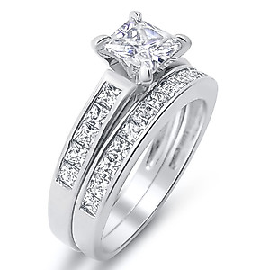 Sterling Silver Princess Cut Bridal Set Engagement Wedding Ring Set (Size 7)