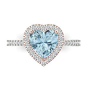 Clara Pucci 2.3ct Heart Cut Solitaire Halo Sky Blue Aquamarine Designer Wedding Bridal art deco Anniversary Ring 14k 2 Tone Gold 11