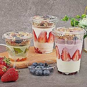 Zezzxu 50Pack 16 oz Clear Plastic Parfait Cups with Insert and Flat Lids (No Hole) Disposable Dessert Cups On the Go Parfait Conatiners for Yogurt Fruit Cereal Oatmeal Dips and Veggies