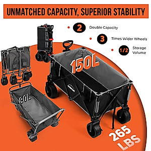 Overmont Collapsible Wagon Cart with Wheels - All-Terrain 3.2in Wide Wheels - Foldable 150L Large Capacity with Side Pockets for Camping Sports Garden Grocery Shopping - 330lbs Load