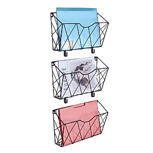 KEEGH Hanging Wall File Organizer Wall Mount File Folder 3 Pockets Wall Paper Organizer Mail Organizer Metal Wall Magazine Rack with Hooks