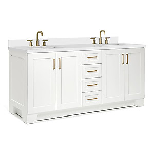 ARIEL 73" White Double Vanity, 1.5" Edge Pure White Quartz Countertop & Splash, Rectangular Sink, 4 Soft Closing Doors, 6 Full Extension Dovetail Drawers, Toe Kick, Satin Brass