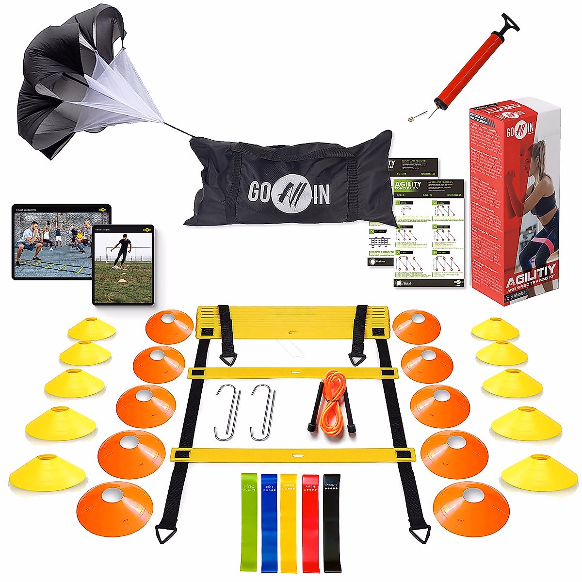 goalin Speed & Agility Training Set - Set of Premium Agility Ladder, 20 Disc Cones, Running Parachute, Jump Rope, Resistance Bands, Drill Manual - Football, Soccer, Basketball, Training Athletes
