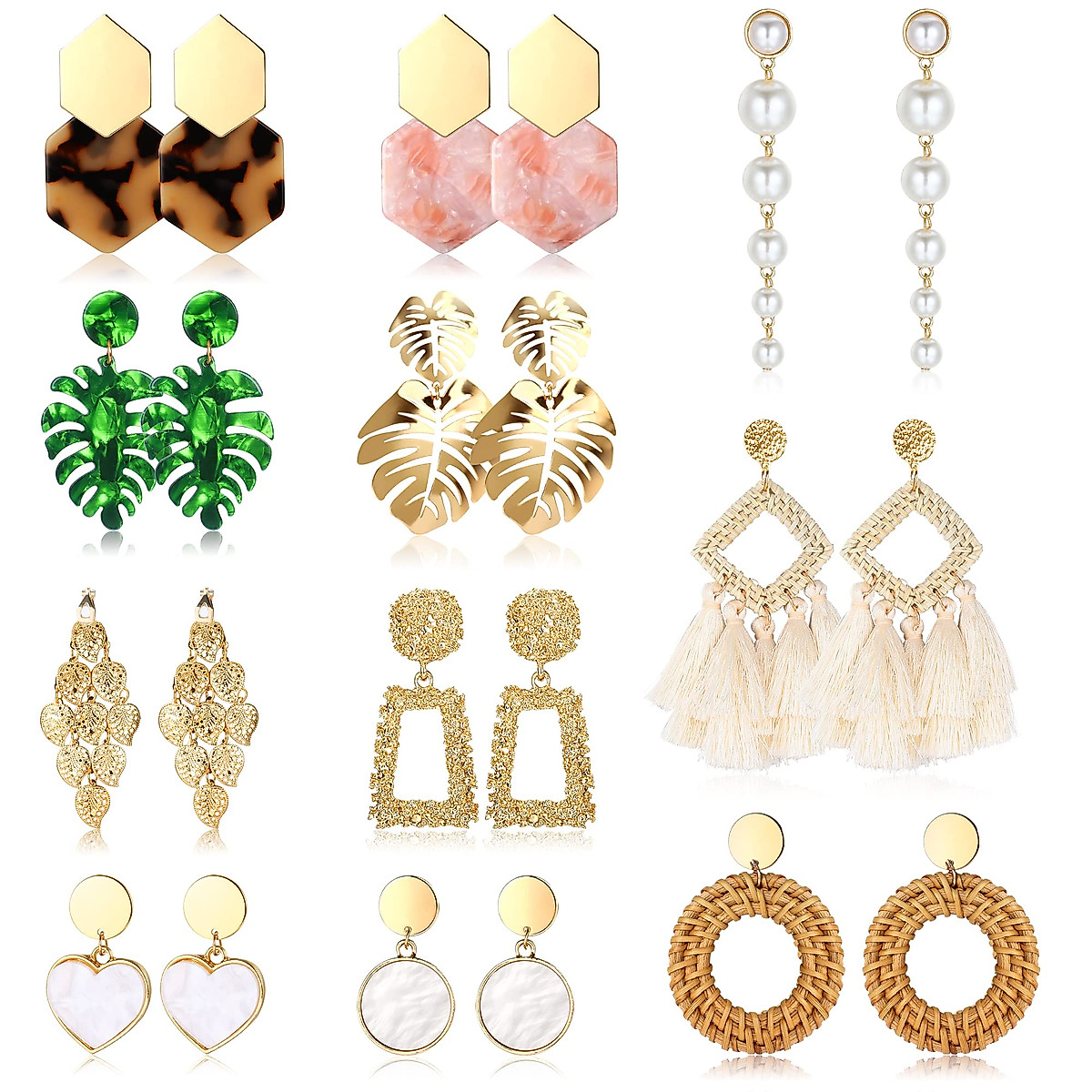 LOLIAS 11Pairs Clip On Earrings for Women,Bohemian Statement Earrings Geometric Rattan Tassel Hoop Heart Pearl Dangle Earrings Palm Leaf Dangle Earrings Tropical Clipon Earrings Non Piercing