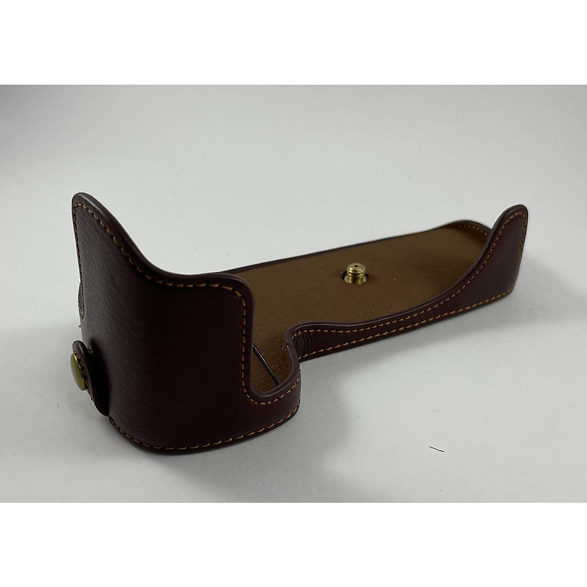 MINICO Bottom Opening Version Protective Genuine Real Leather Half Camera Case Bag Cover with Tripod Design for Olympus Pen-F Camera with Genuine Real Leather Hand Strap Dark Brown