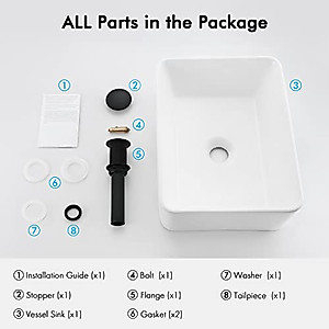 KES Rectangle Bathroom Sink with Bathroom Sink Drain Combo, 16" x 12" White Ceramic Vessel Sink Above Counter with Pop Up Drain Stopper Brass and Stainless Steel Matte Black, BVS110S40+S2008D-BK