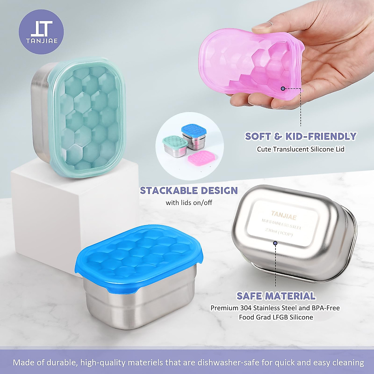 Tanjiae Kids Snack Pro - Stainless Steel Snack Containers for Kids | Easy Open Leak Proof Small Food Containers with Silicone Lids - Perfect Metal Toddler Lunch Box for Daycare and School (8oz*3)