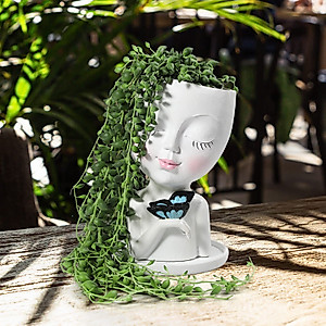 COWATM Face Planters Pots Head for Indoor Outdoor Planter Pot with Butterfly, Succulent Planter with Drainage Hole Cute Lady Face Flower Pots (White)