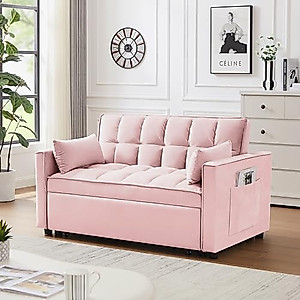 3 in 1 Convertible Sleeper Sofa Bed ,Modern Futon Loveseat Couch Pullout Bed, Velvet Upholstered Small Love Seat Lounge w/Reclining Backrest, Toss Pillows, Pockets, Furniture for Living Room Office