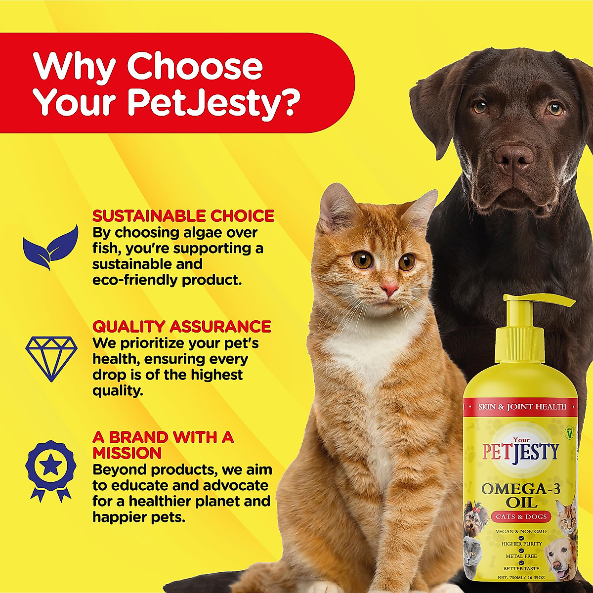 PetJesty Pure Omega 3 Oil for Dogs & Cats 26.39oz - Omega 3 Skin & Coat Support- Liquid Food Supplement for Pets - Vegan pet + DHA for Joint Function, Immune & Heart Health, Non Fish Oil Dog and Cat
