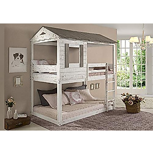Acme Furniture Cabin-Like Twin Wooden Bunk Bed, 77" x 43" x 90"H, Rustic White
