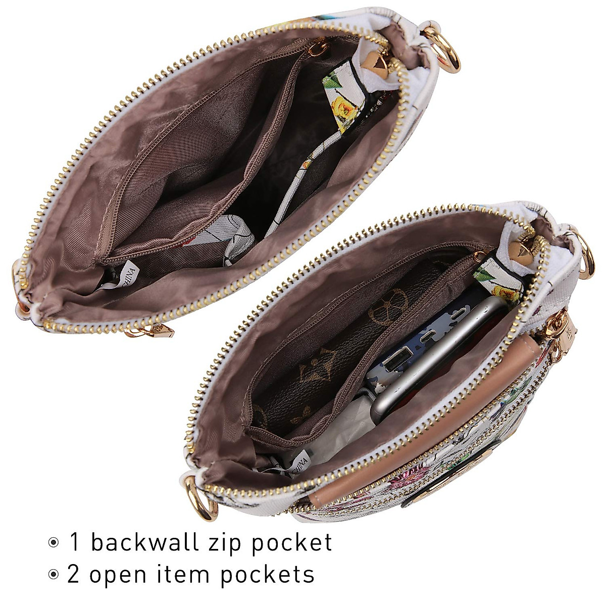 Dasein Women Small Crossbody Bag Lightweight Shoulder Purses Multi Zipper Pockets Phone Purse Handbag (white flower)