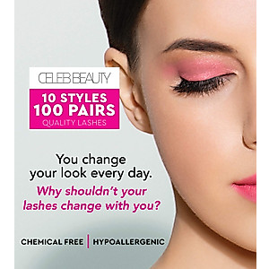 Celeb Beauty Eyelash Splashes 100 Pair Faux Lashes Variety Pack – Reusable Fake Eyelashes in 10 Styles – Hypoallergenic Strip False Lashes Set with Soft Natural, Fluttery Wispies, & Dramatic Falsies