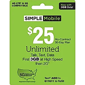 SIMPLE Mobile $25 Unlimited Talk,Text&Data (3GB High–Speed)[Physical Delivery]