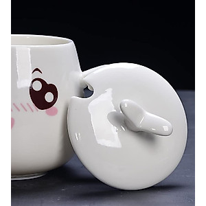 RYUHYF Ceramic cup, coffee cup, mug, ceramic cup with lid, tea cup with lid, coffee cup with lid and spoon，set of 1 (Cute cup(White+ lid + spoon))