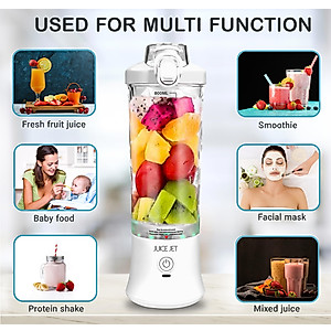 Juice Jet, 20oz Portable Blender, 6 Blade Mixer, USB Rechargeble, Personal Size Blender, High Speed, with Travel Lid, BPA Free, Gym, Home, Outdoor, Office, Family (White)