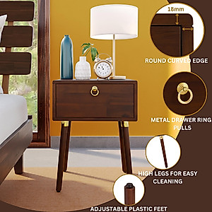 Bme Caden Solid Wood Nightstand/Side Table/End Table, Fully Assembled, with 1-Drawer for Mid Century Bedroom and Living Room, Walnut