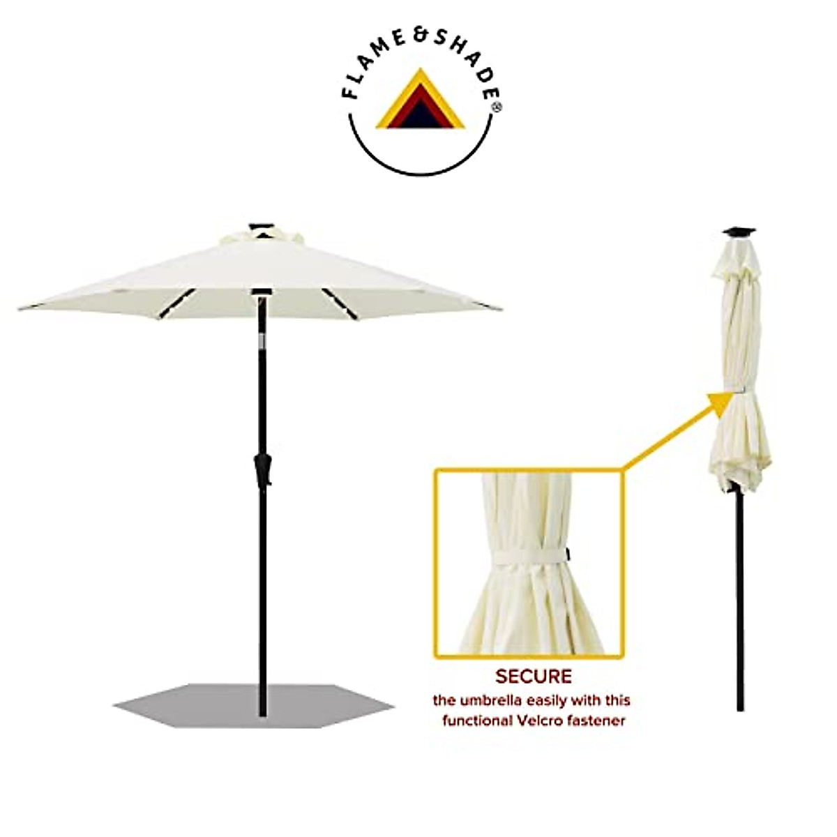 FLAME&SHADE 7.5 ft Solar Powered Outdoor Market Patio Table Umbrella with LED Lights and Tilt, Ivory
