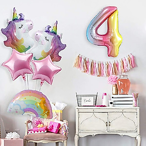 Unicorn Birthday Decorations for Girls 4th Birthday- Bouquet of Unicorn Balloons for Rainbow Unicorn Party Supplies (Number 4)