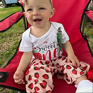 Baby Girl First Birthday Outfit Sweet One Fruit Short Sleeve Romper Top Flare Pants Headband 3Pcs Cake Smash Clothes (Strawberry, 12-18 Months)