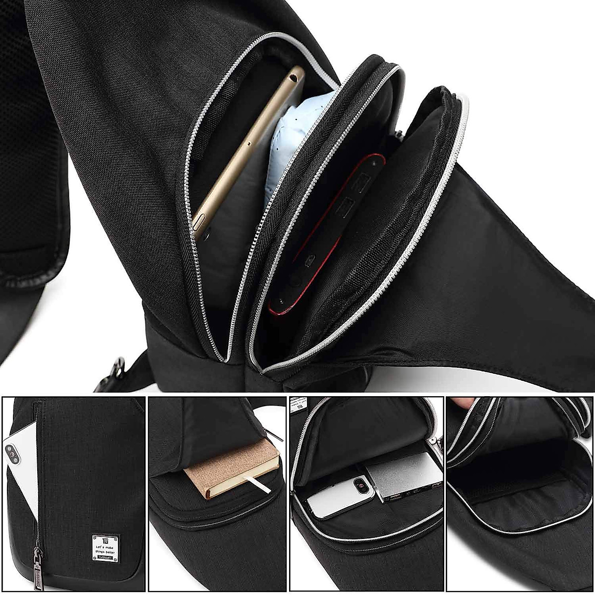 tuowan Small Sling Bag Crossbody Backpack Over the Shoulder Bag for Men Women Travel Outdoors, Lightweight Sling Purse Chest Pack (Small, Black)