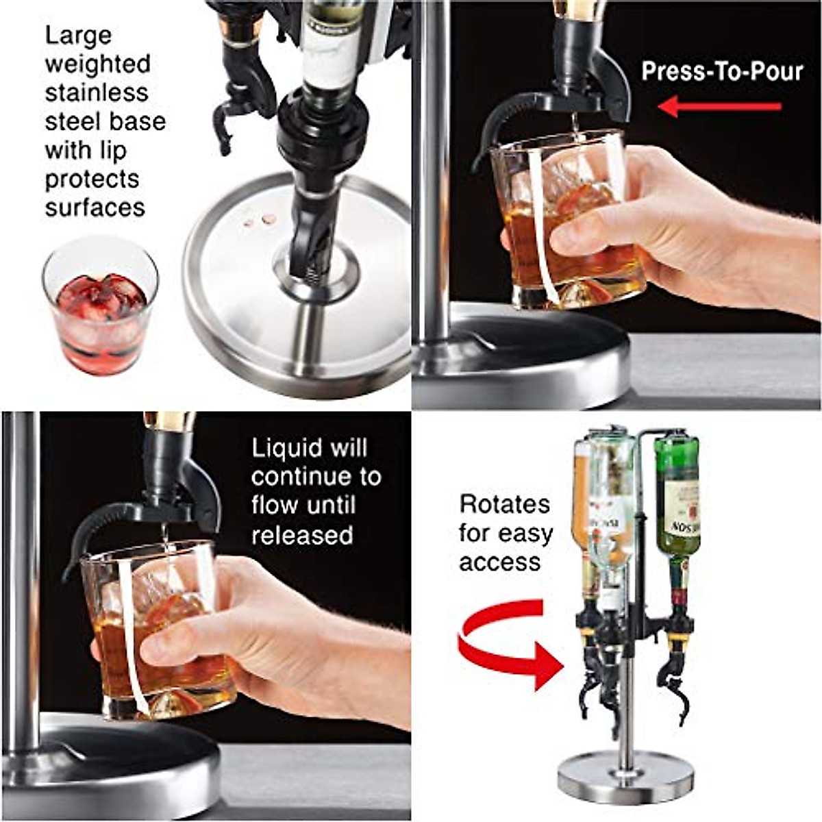 OGGI 3-Bottle Revolving Liquor Dispenser, Stainless Steel