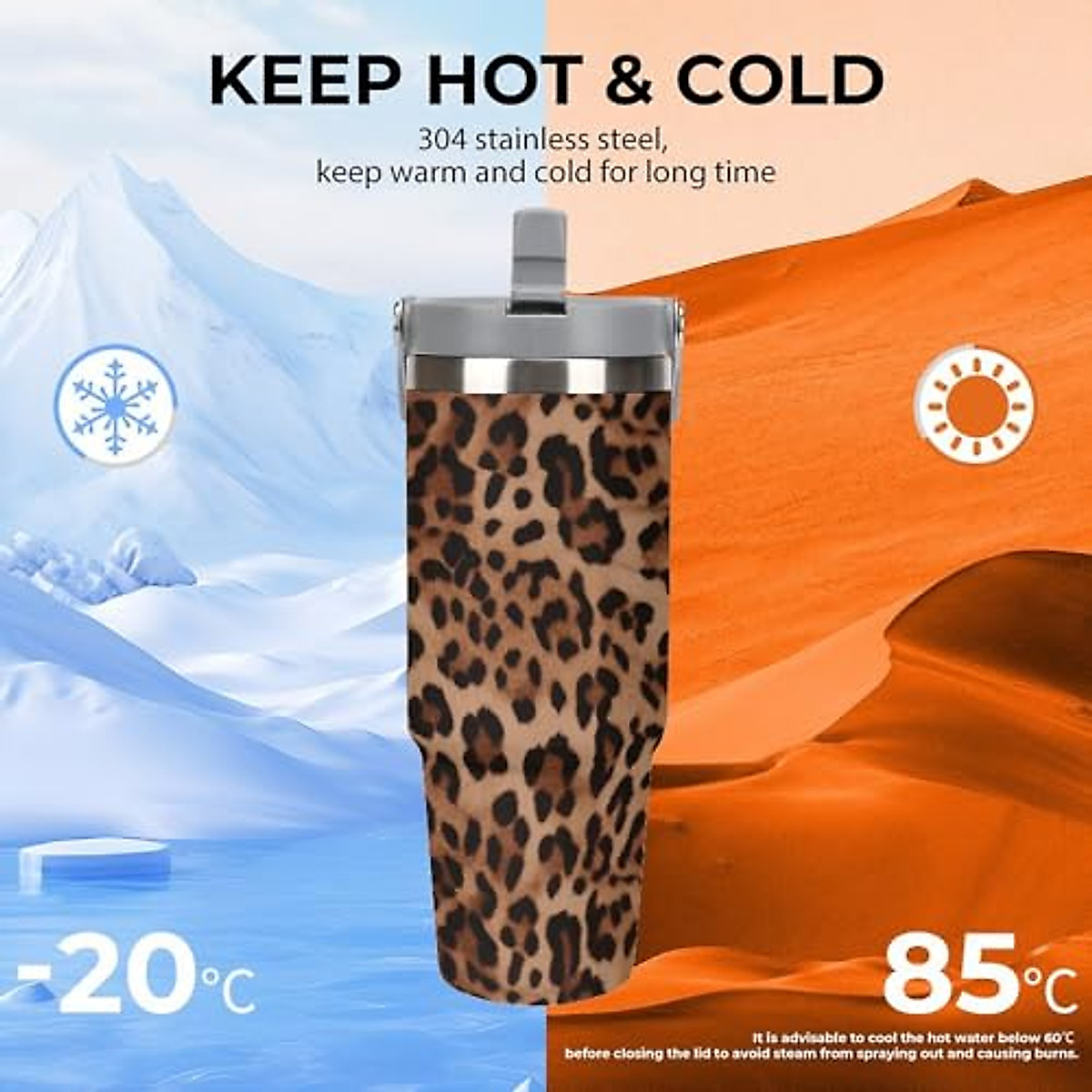 YTLKGFP 30 Oz Large Capacity Car Cup Leopard Print Tumbler with Handle Straw Lid Insulated Stainless Steel Water Bottle Travel Mug Leak-proof Car Cup Keeps Cold Or Hot