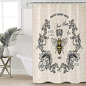 4 Piece Shower Curtain Sets with Bath Rugs Spring Farm Bee Floral Wreath Retro Newspaper,Non-Slip Floor Mat,Toilet Lid Covers,U-Shape Contoured Pad Bumblebee Crown Bathroom Set for Home Decor