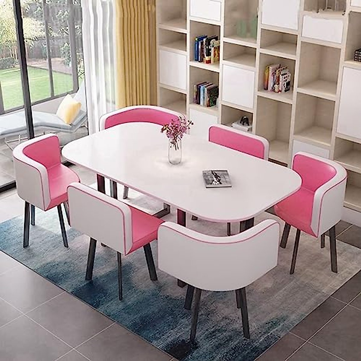 MAxba Office Conference Table Rectangle Dining Table with 6 Chairs Business Reception Table Set 90 * 150cm Space-Saving Negotiation Table (Color : Pink)