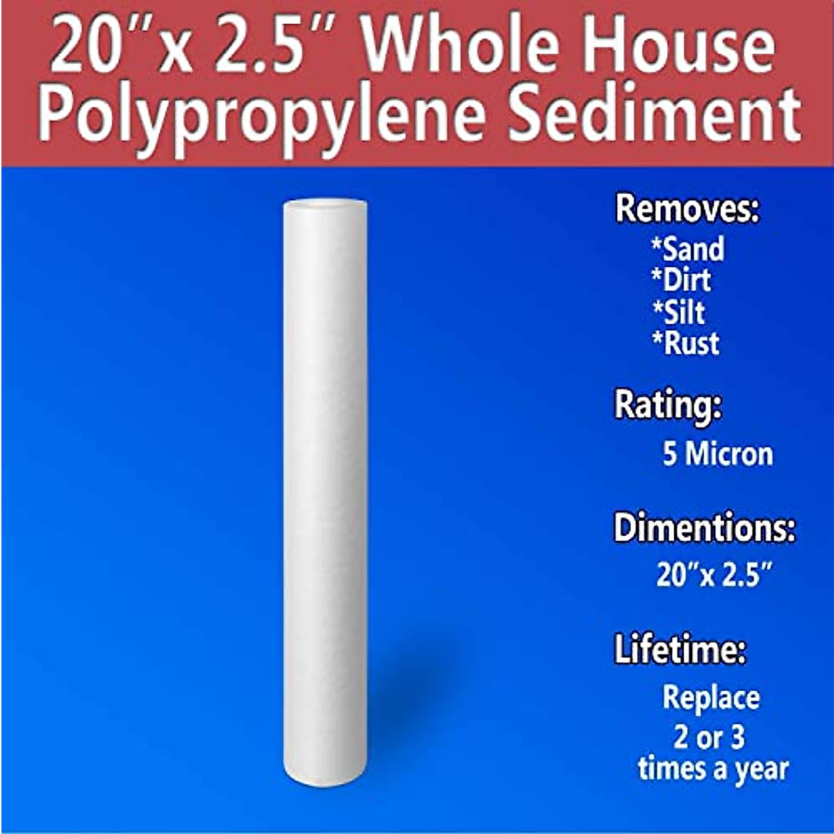 Standard Whole House Melt-blown Four Layers Filtration Polypropylene 5 Micron Sediment Filter 20” x 2.5” Fits 20” x 2.5” Housings. Compatible with FPMB5-20, FPMB520, SDC-25-2005/4, VX05-20 Pack of 6