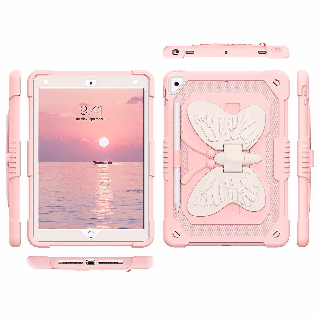 DUEDUE for iPad 10.2 9th/8th/7th Generation Case 2021/2020/2019, Butterfly Wings Kickstand with Pencil Holder Heavy Duty Rugged Shockproof Case for New Apple iPad Air 3 10.5, Beige/Pink