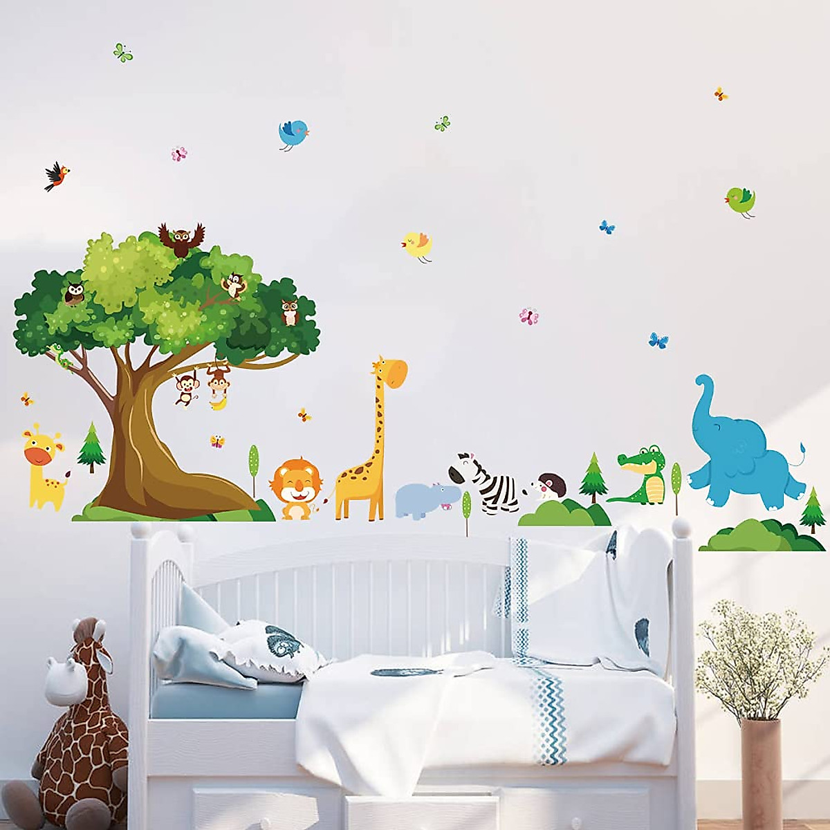 Runtoo Jungle Animals Wall Decals Monkey Elephant Forest Tree Wall Stickers for Kids Bedroom Baby Nursery Wall Decor