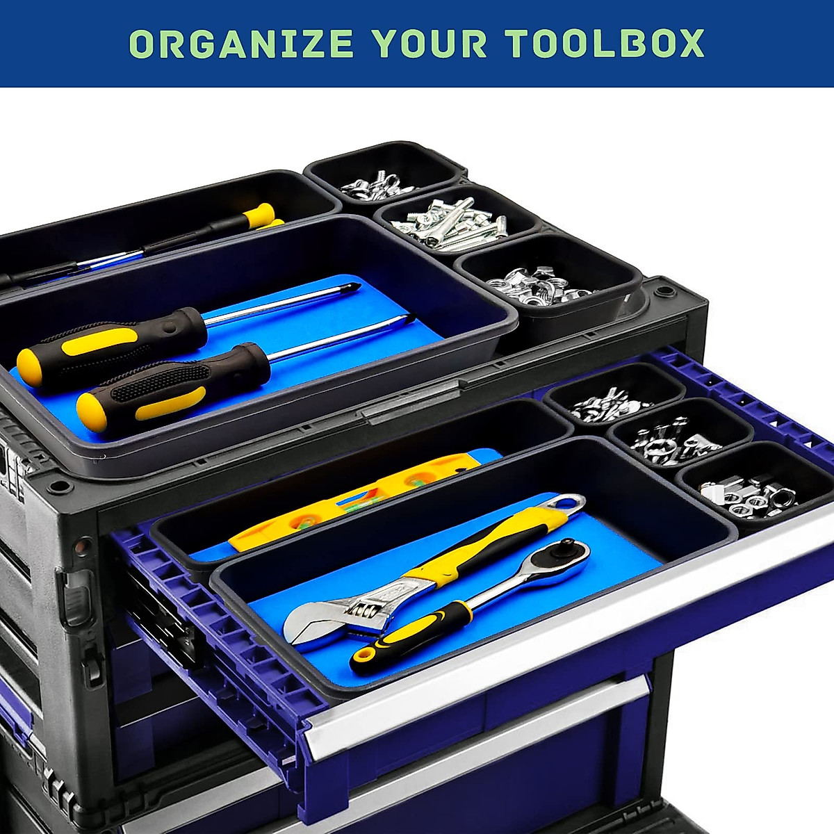 Vexercisehoop Tool Box Organizer, Tool Drawer Organizer Tray Divider, Toolbox Organization, Garage Tool Organizers and Storage, Tool Box Accessories for Rolling Tool Chest Cabinet (Blue (47PCS))