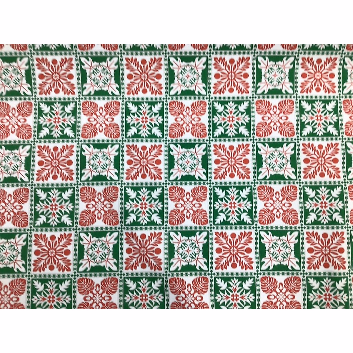 Hawaiian Quilt Design in Christmas Red & Green Small Quilt Design Hawaiian Print Fabric Sold by The Yard