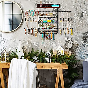 ARIYIBO Hanging Jewelry Organizer Wall Mounted, Earring Organizer Holder Necklace Organizer for Women Girls, Rotating Hanging Jewelry Holder Rustic Wood Shelf Jewelry Display Hanging for Bracelet