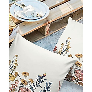 Outdoor Pillow Covers 18 x 18 Inches, Fall Wild Flowers Waterproof Throw Pillow Cover Set of 2, Rustic Autumn Botanical Leaves Home Decorative Square Cushion Covers for Patio/Tent/Couch/Garden