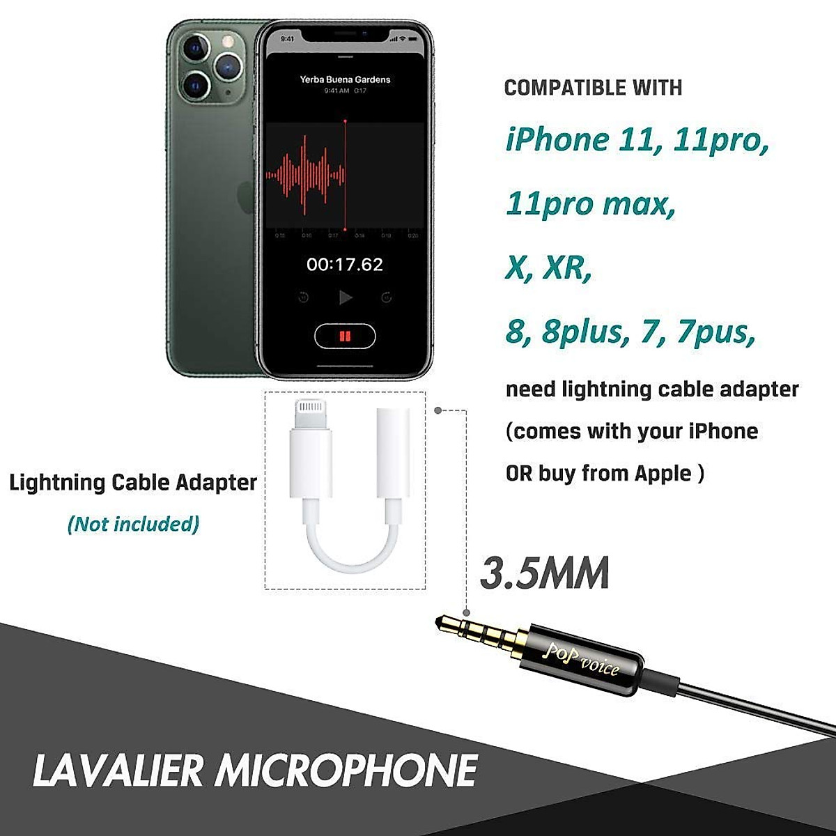 PoP voice Professional Lavalier Microphone with 8 Feet Extension Cable for iPhone PC Mac YouTube Interview Video